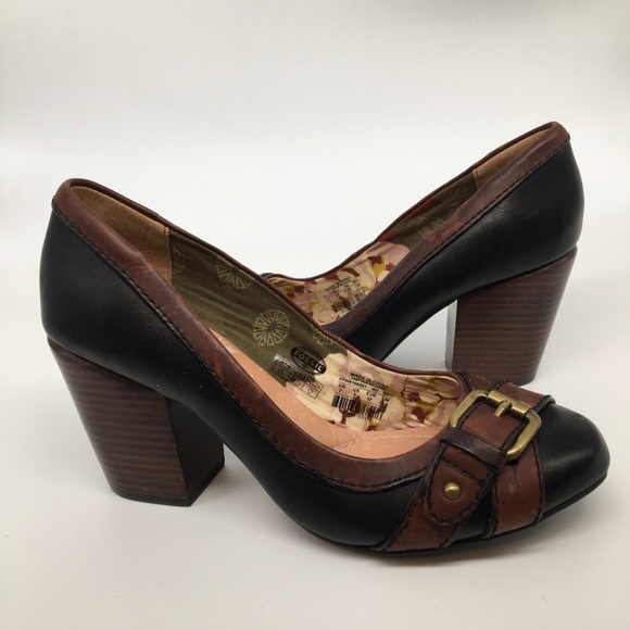 Fossil | Shoes | Fossil Black Brown Leather Chunky Heel Shoe | Poshmark